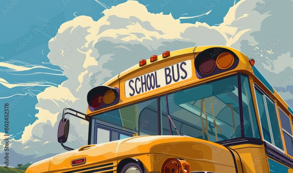 cropped front view of a school bus with text school bus, with cloudy ...