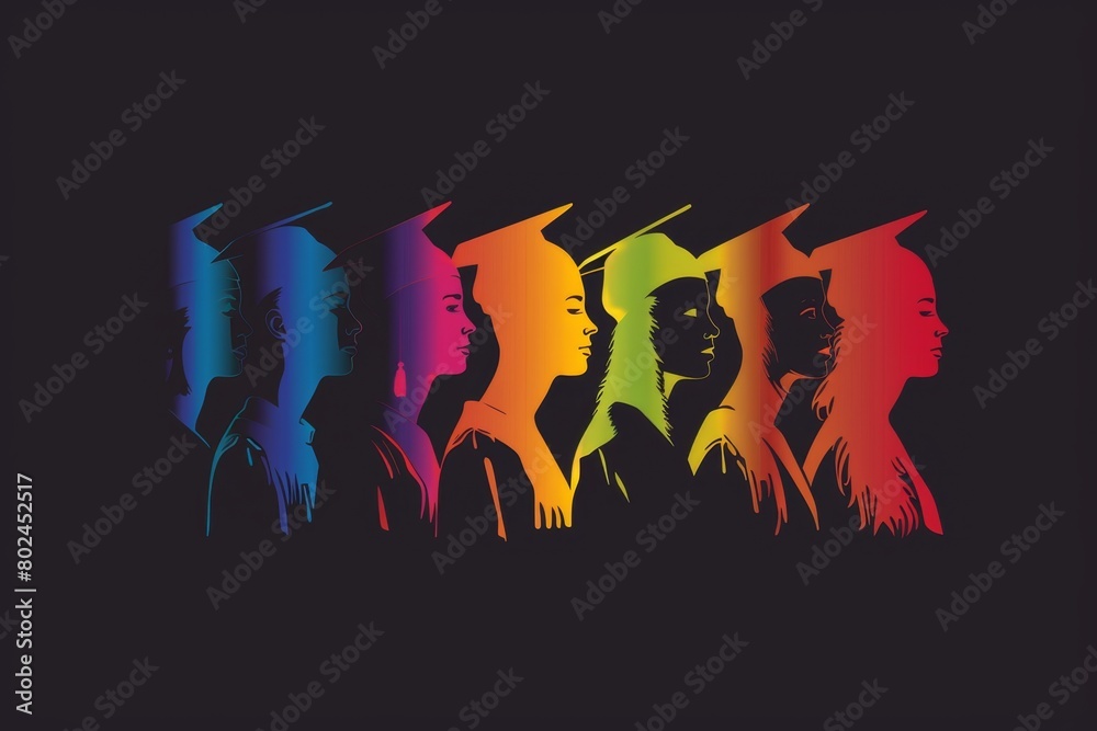 illustration of a group of students with graduation caps in the style ...