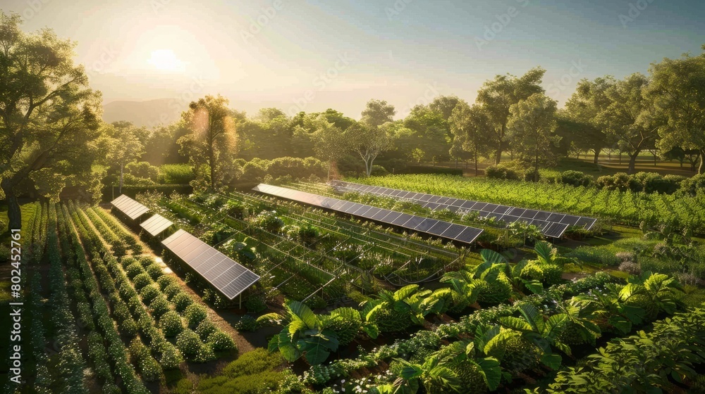 Farmland enhanced with agrivoltaics, where solar panels are ...