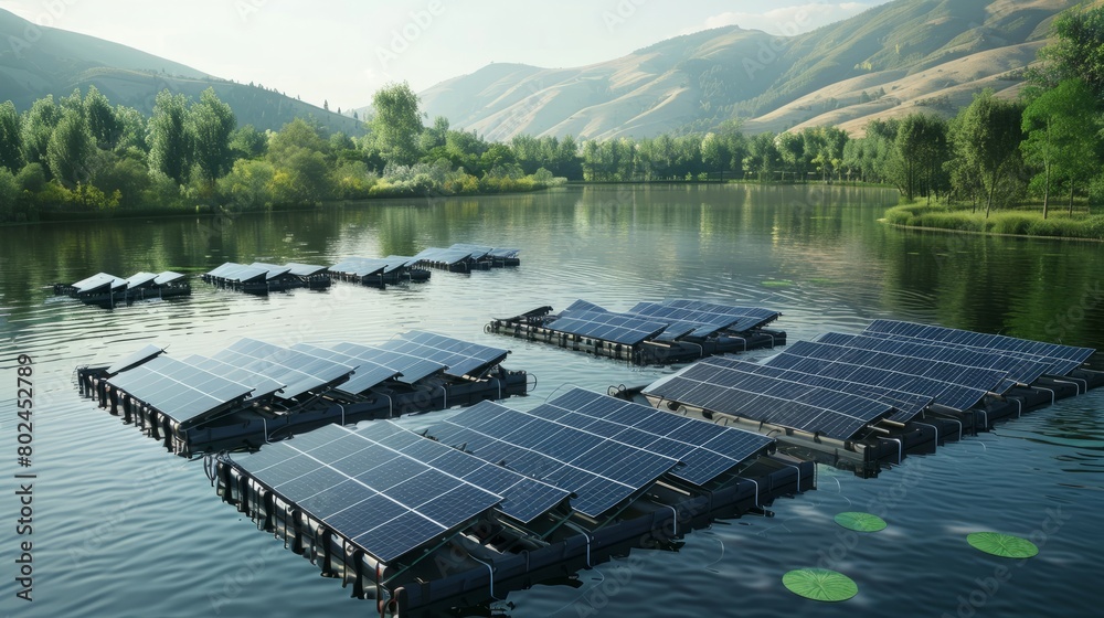 Floating solar panels on reservoirs. Solar Floating. Solar Cells Floating. hyper realistic Stock ...