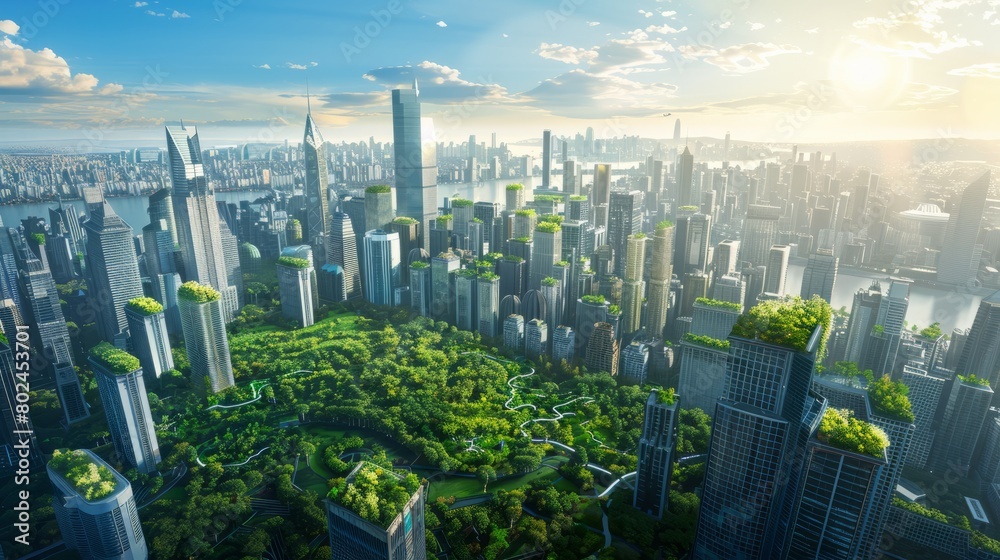 Spectacular eco-futuristic cityscape ESG concept full with greenery, skyscrapers, parks, and ...