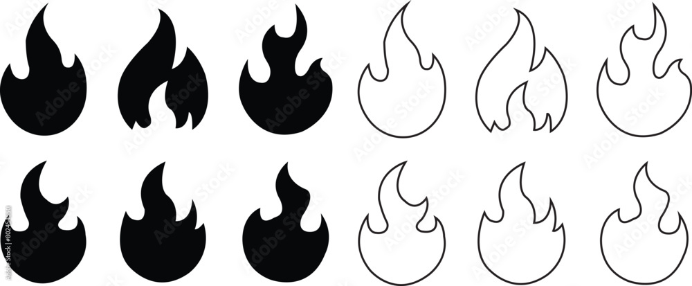 Fire icon flat collection . Fire flame symbol. Bonfire silhouette ...