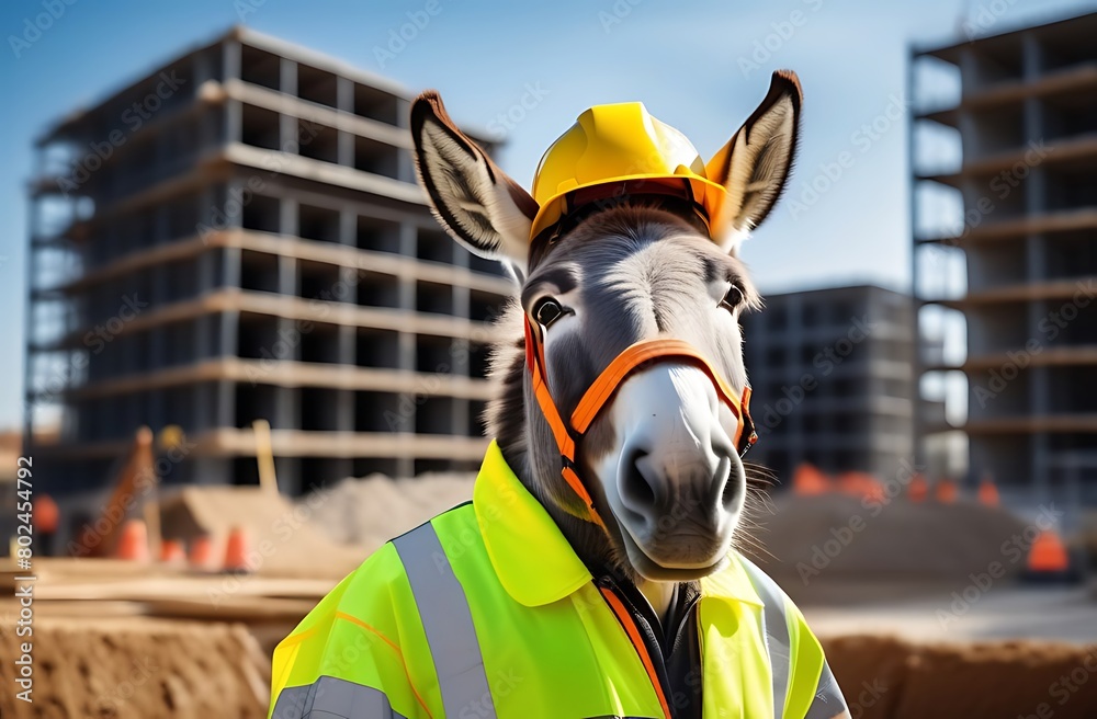 Against the blurred outlines of a construction site, a donkey in a ...