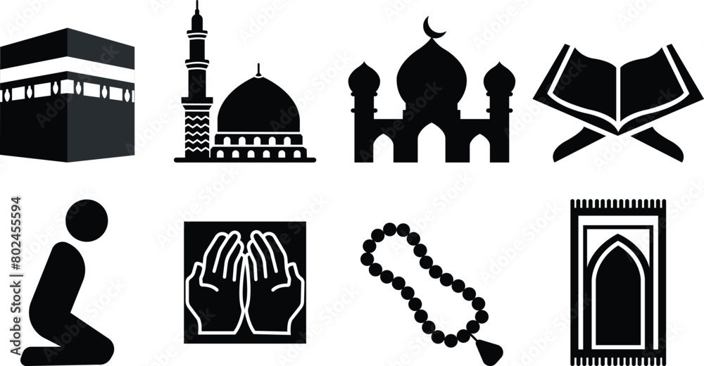 Islamic religion prayer black vector icon set isolated on transparent ...