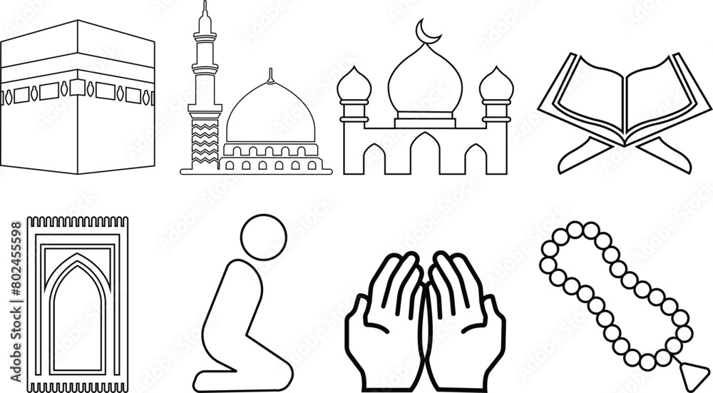 Islamic religion prayer line vector icon set isolated on transparent ...