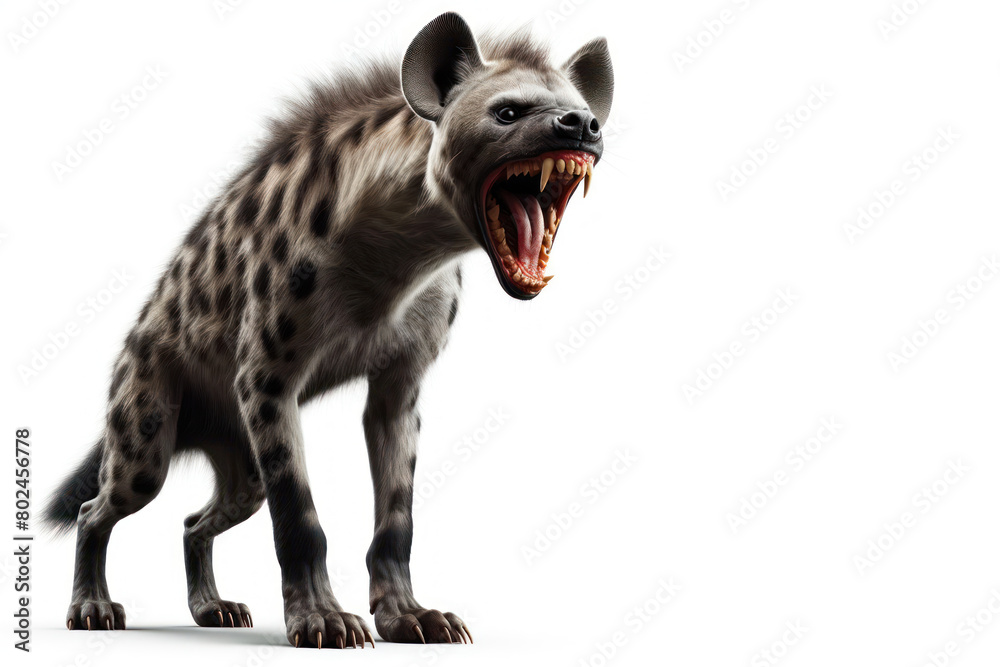 Scary aggressive Hyena with open mouth on white background Stock ...