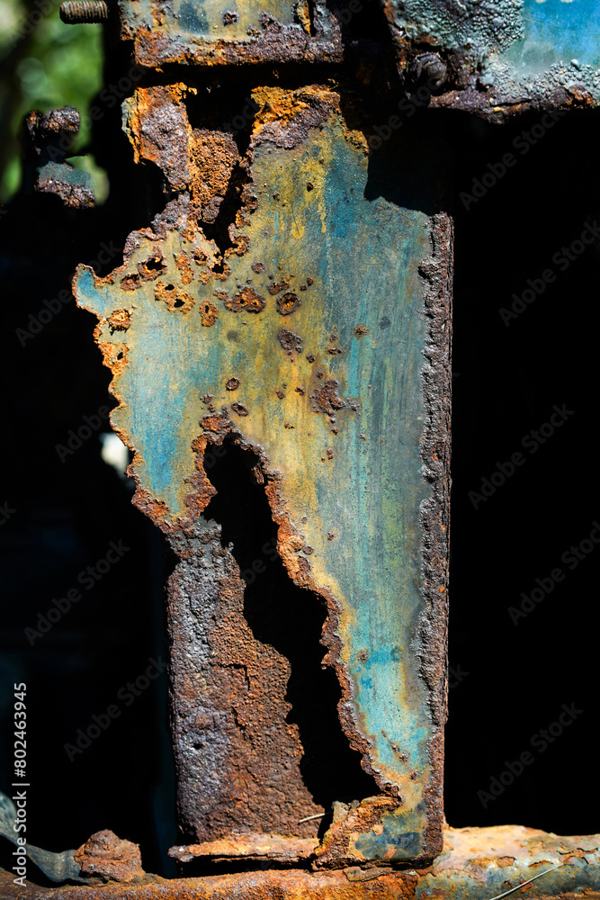 Rust on iron bar with blue and yellow color.Corrosive grunge rusted on ...