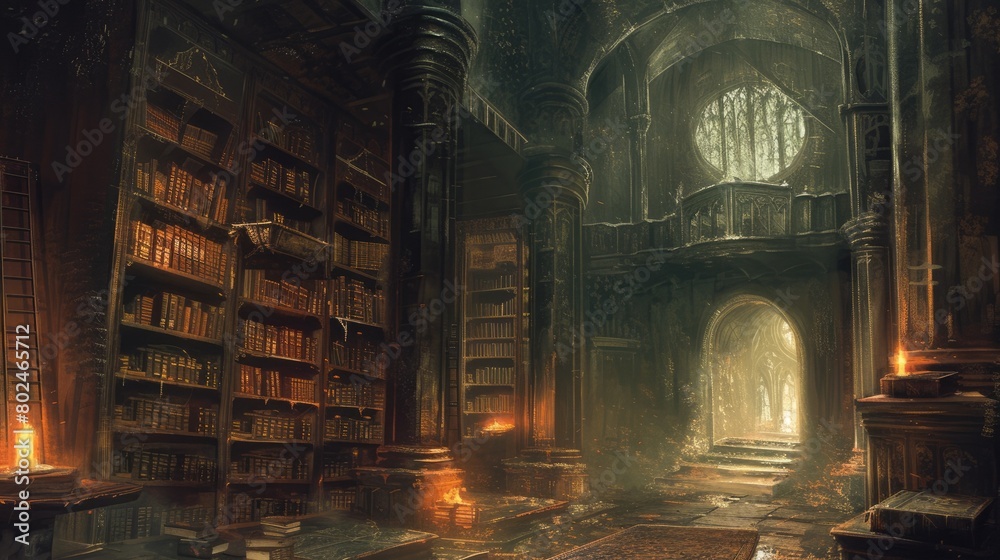 An ancient library with towering bookshelves, hidden alcoves, and ...