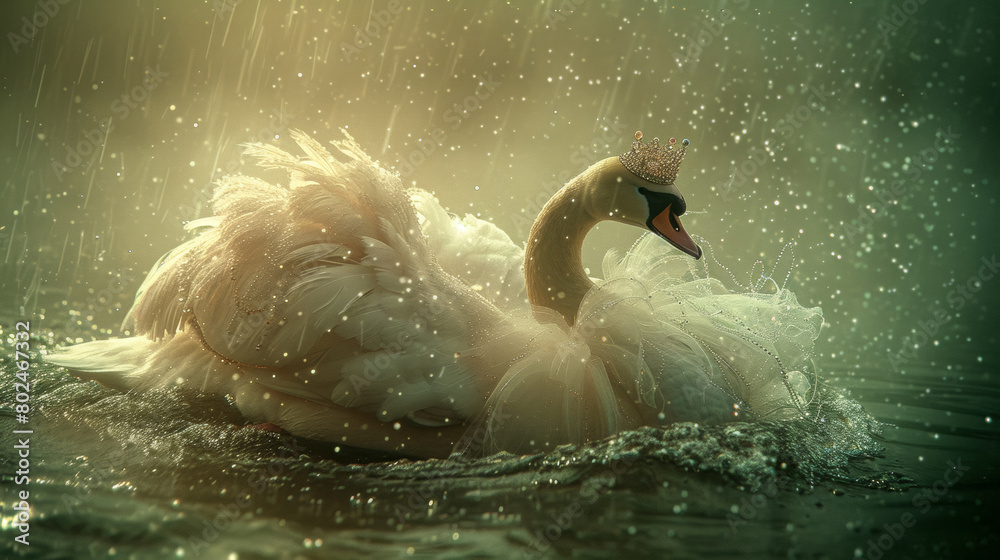 Graceful swan wearing a pearl-studded tiara, draped in a flowing ...