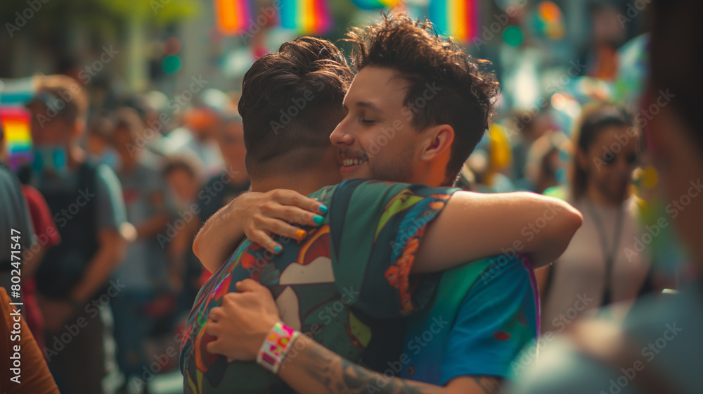 A powerful moment captured as two men hug tightly at the rally, their ...