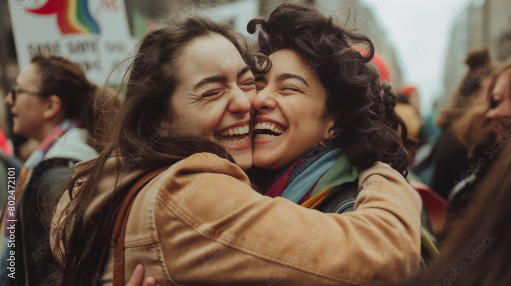 A celebratory moment captured as two women share a joyous hug at the ...