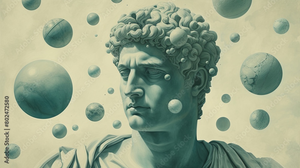 Artistic composition with floating balls and sculpted male head in ...