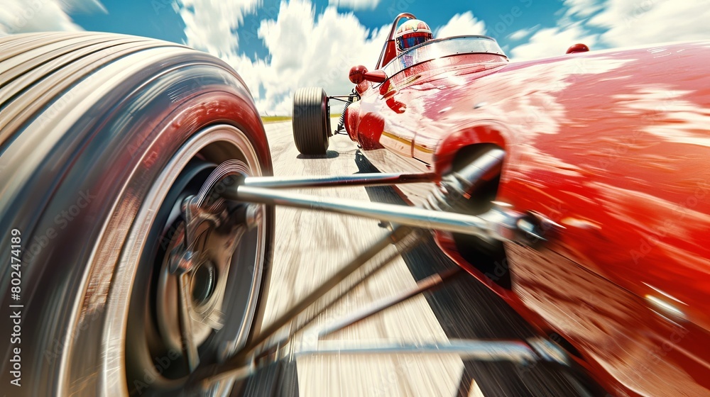 The race car rushes along the track road with spinning tires. The speed ...