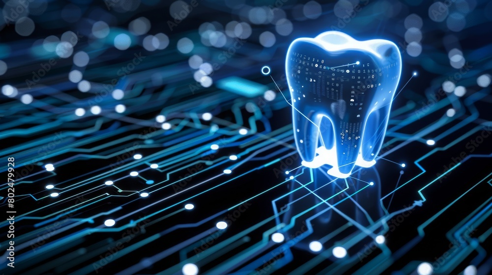 Dental implant in electronic form glowing between information ...