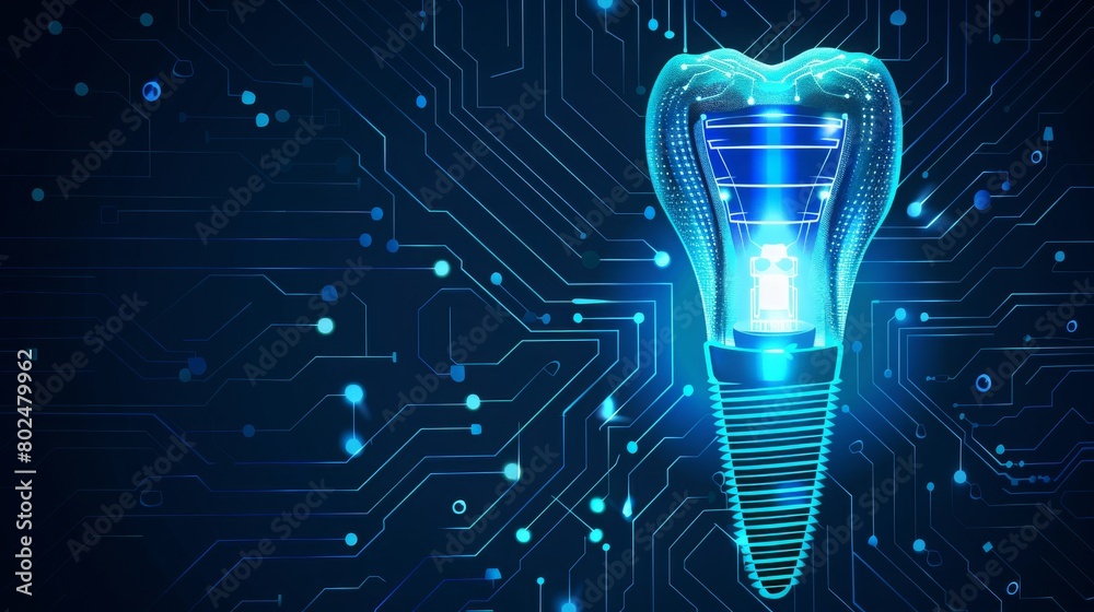 Dental implant in electronic form glowing between information ...