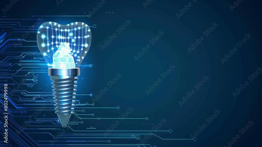 Dental implant in electronic form glowing between information ...