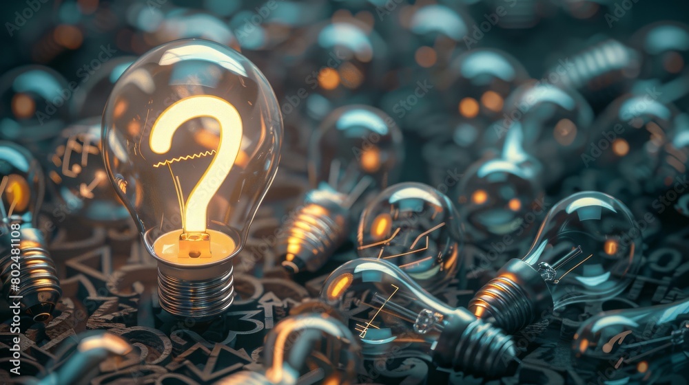 Question marks and light bulb symbolizing idea or solution. Problem ...