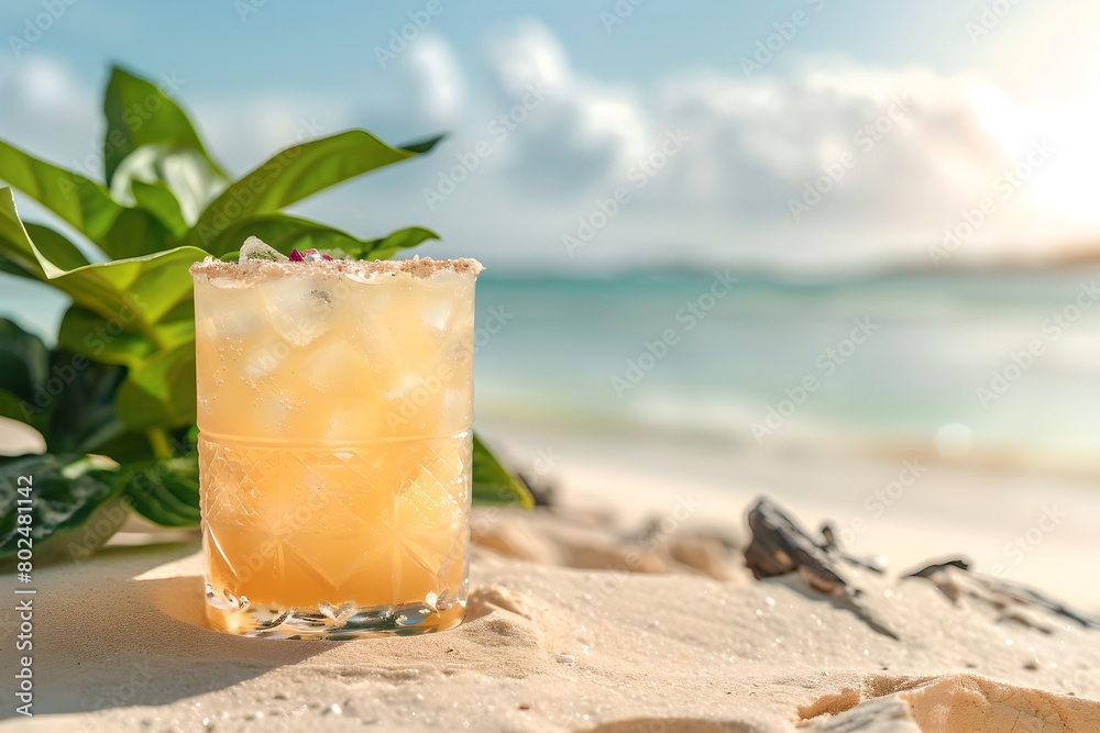 Tropical cocktail on sandy beach with sea background. Exotic drink for ...