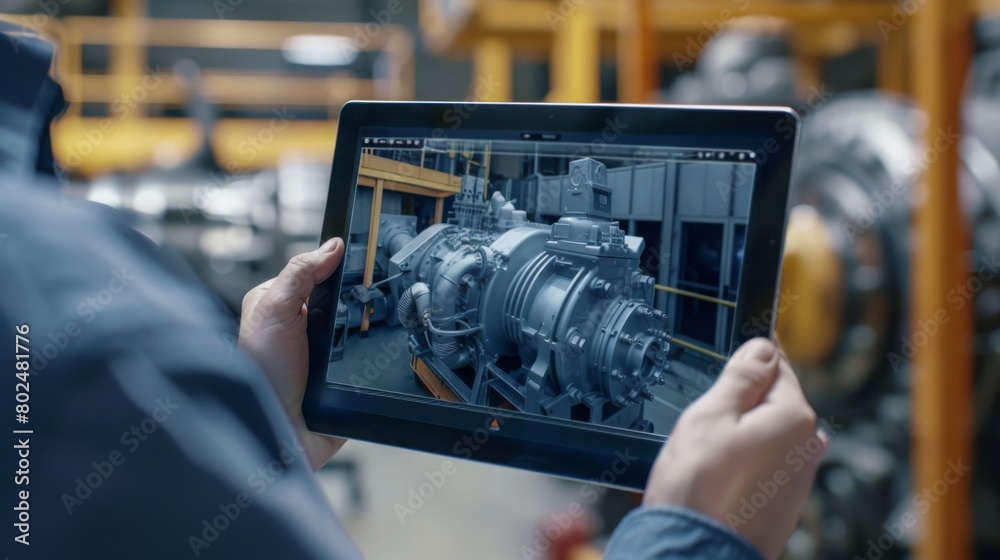 Factory Office Facility: Chief Engineer Holds Tablet Computer, Shows ...