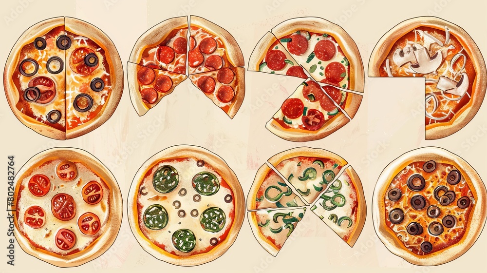 An illustration featuring pizzas divided into fractions, serving as a ...