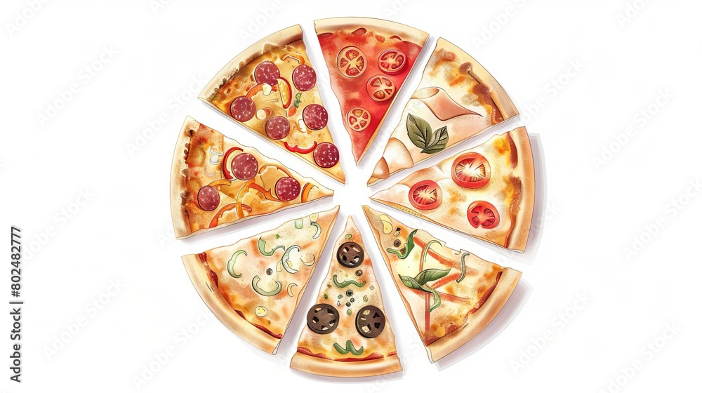 An illustration showing pizza divided into eight slices, serving as an ...