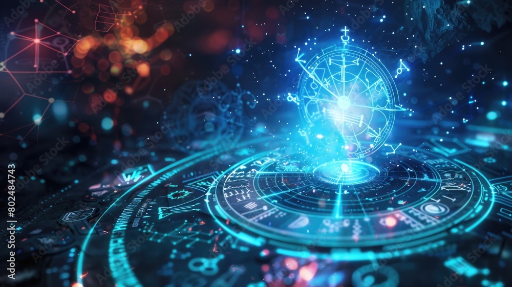 futuristic concept of an astrology lab with holographic zodiac charts ...