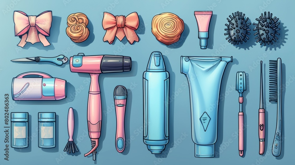 Cute cartoon set with cute hairdressing tools, a hair dryer, a hairpin ...