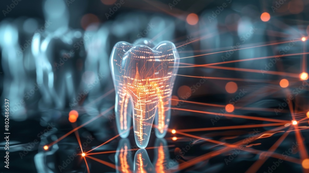 Electronic dental implant and pulse wave glowing between connecting ...