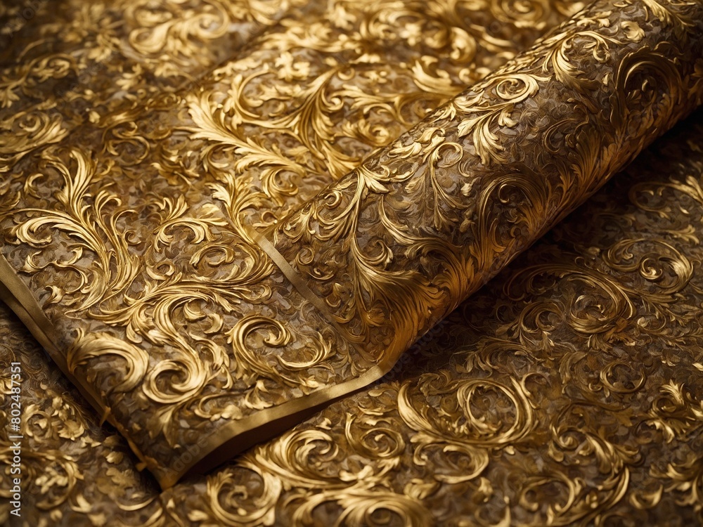 Roll of intricately patterned gold wallpaper unfurls, revealing its ...