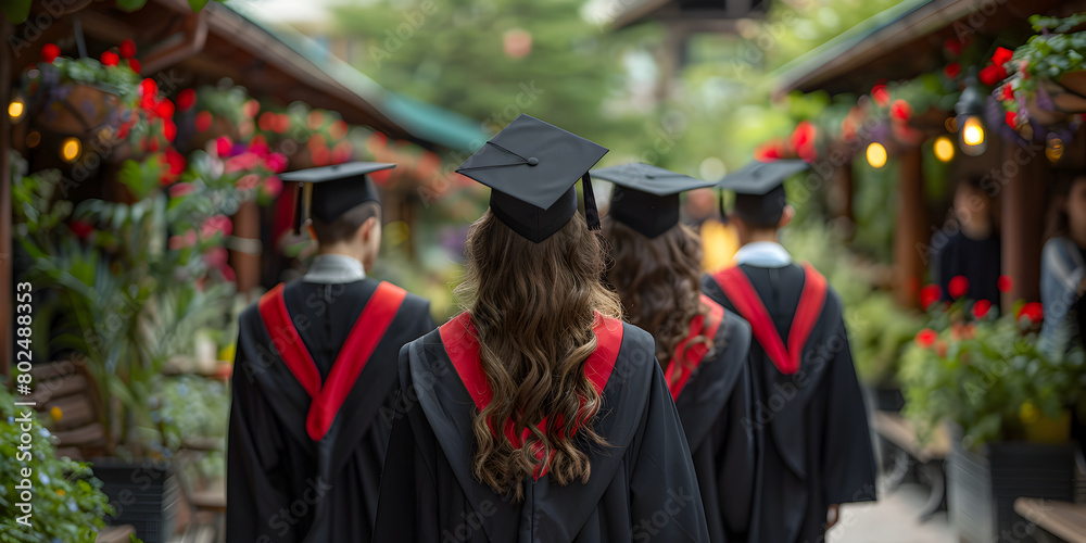 The back image of the group of students in mortarboards and bachelor ...