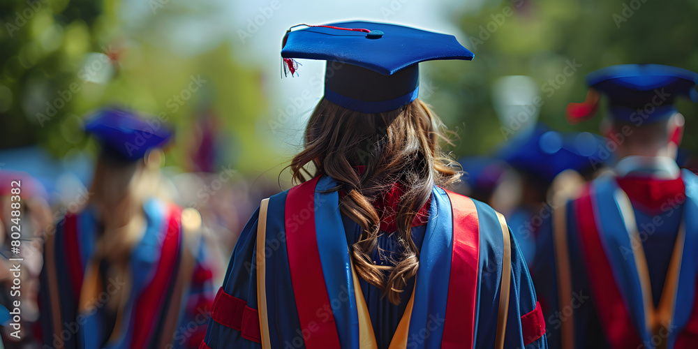 The back image of the group of students in mortarboards and bachelor ...