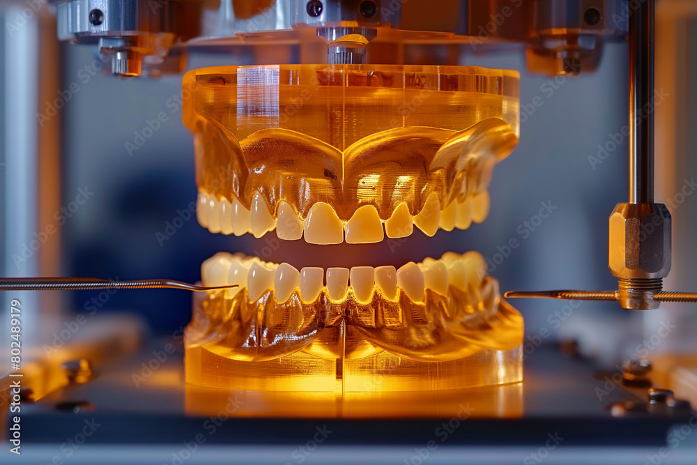 This detailed image captures a dental 3D printer as it constructs a ...