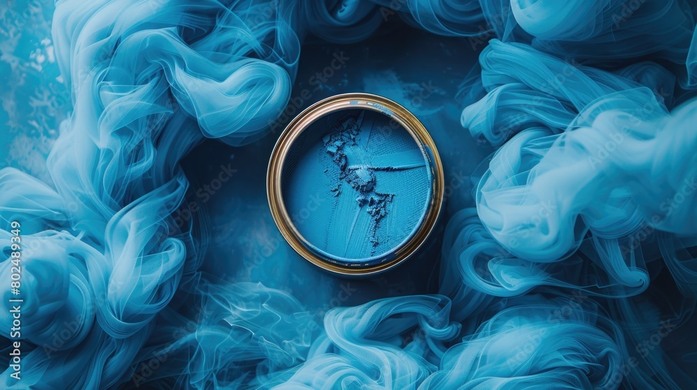 Top view of a Smokey Blue Paint Can Surrounded by Blue Smoke Bombs and ...