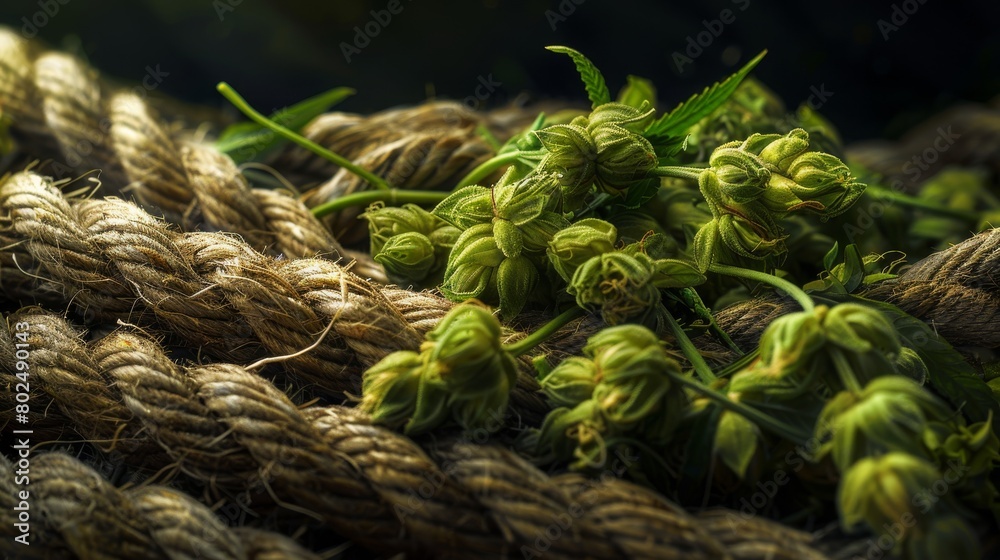 large green hemp inflorescences on twisted hemp ropes natural textile ...