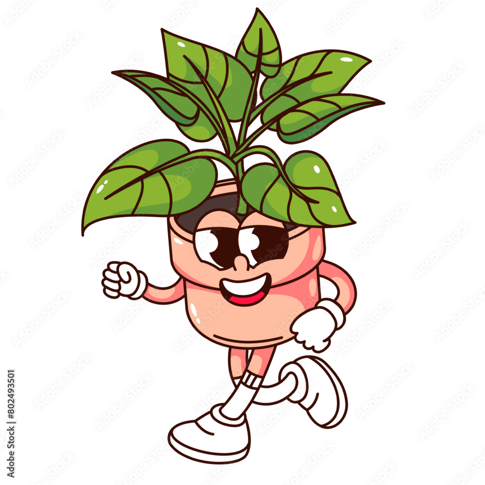 Groovy Syngonium plant in pot cartoon character running. Funny retro ...
