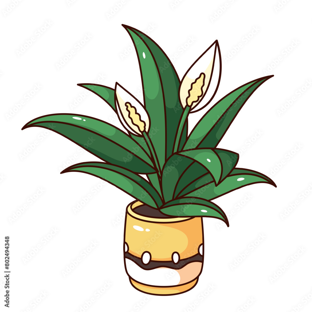 Groovy cartoon Spathiphyllum plant in round pot with pattern. Funny ...