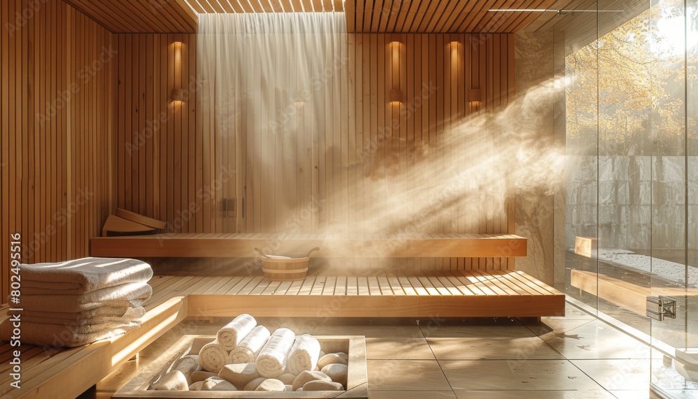 The interior of the wooden steam room is filled with hot air, creating ...