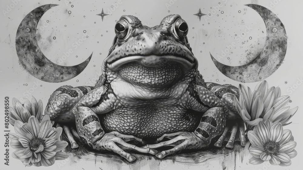 Isolated clip art of a funny frog and the moon phases, Yoga-meditating ...