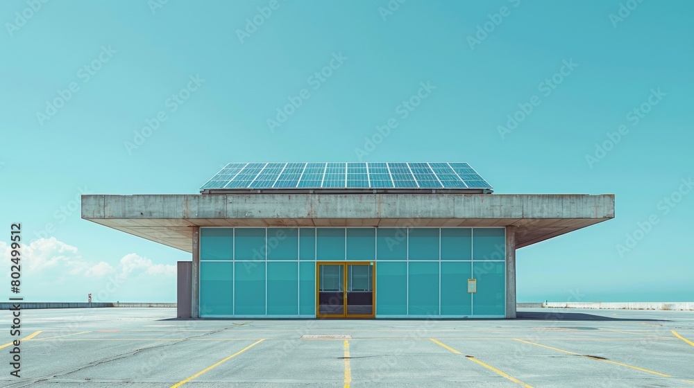Several solar panels are placed on an inclined roof of an industrial ...
