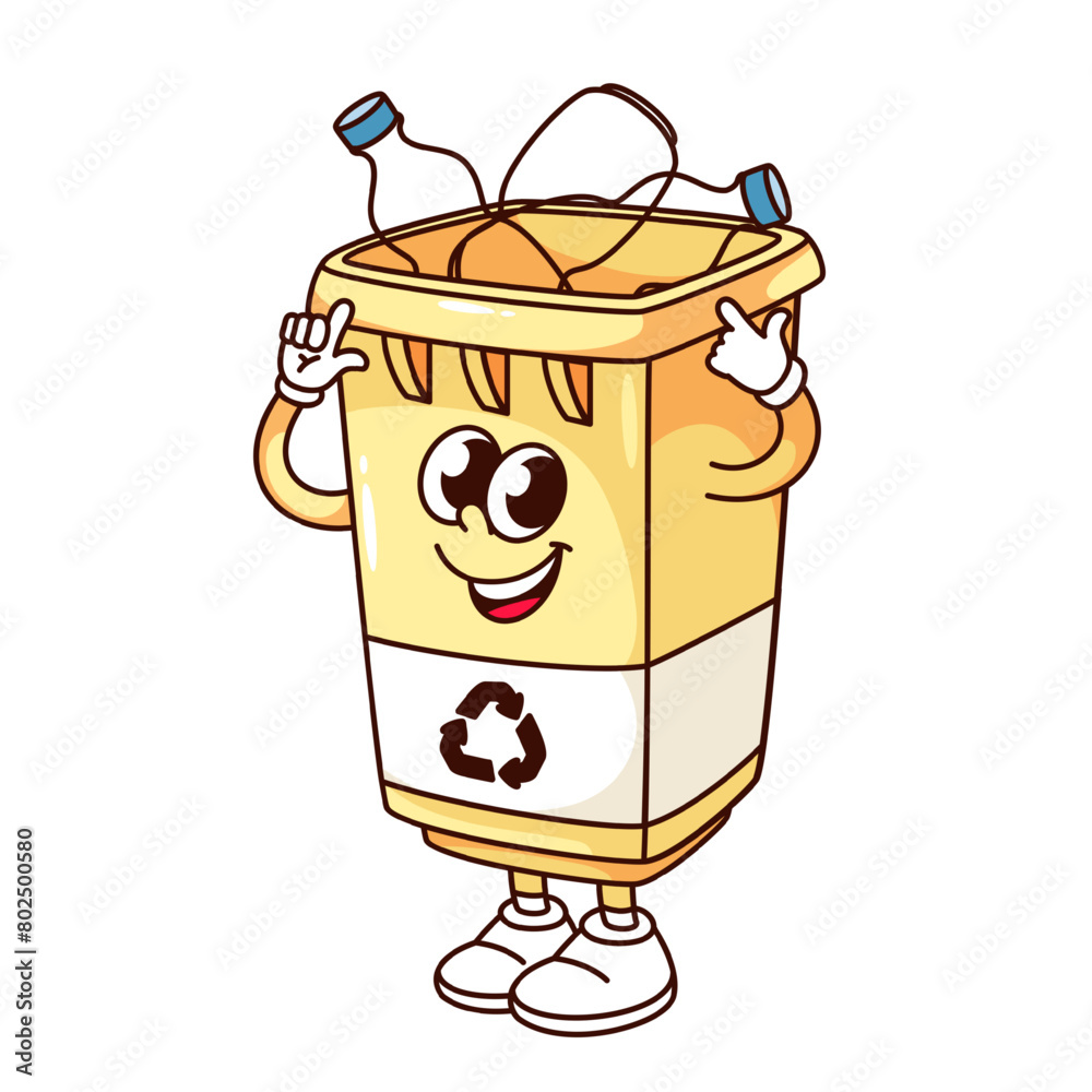 Groovy trash bin cartoon character pointing on plastic bottle inside ...