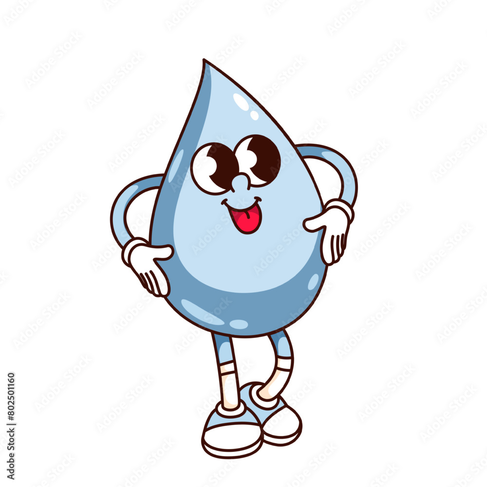 Groovy water drop cartoon character with tongue hanging out. Funny ...