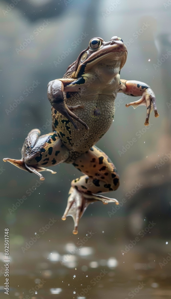Brown frog jumping above clear pond water. Amphibian captured in a ...