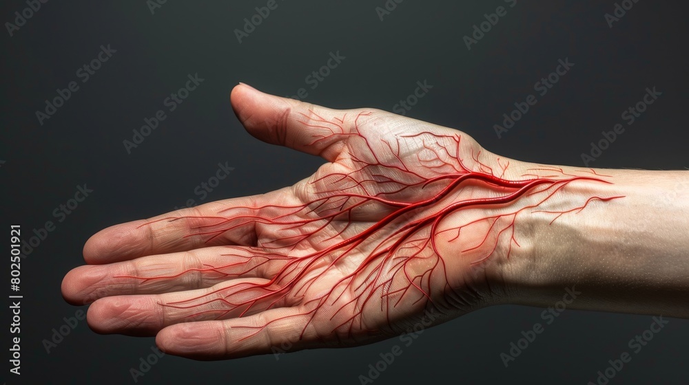 Hand extended with red blood vessels illustrated on the skin. Detailed ...