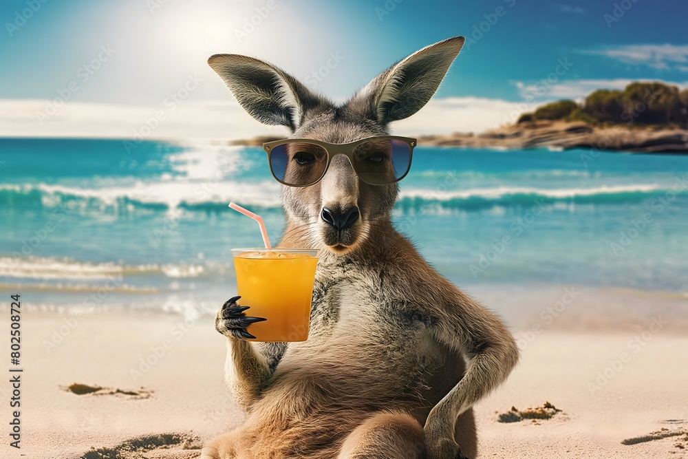 Beach fun, relaxed kangaroo with a cool drink on the beach Stock Photo ...