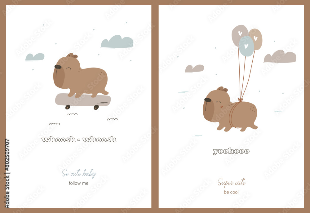 Cute capybara character on printable posters. Vector illustrations with ...