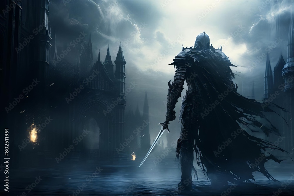 Gothic knight standing guard at a foggy castle gate, full moon ...