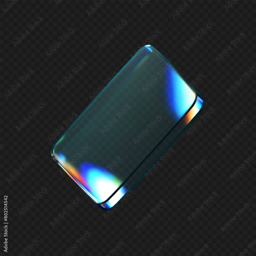 3d glass square shape with refraction and holographic effect isolated ...