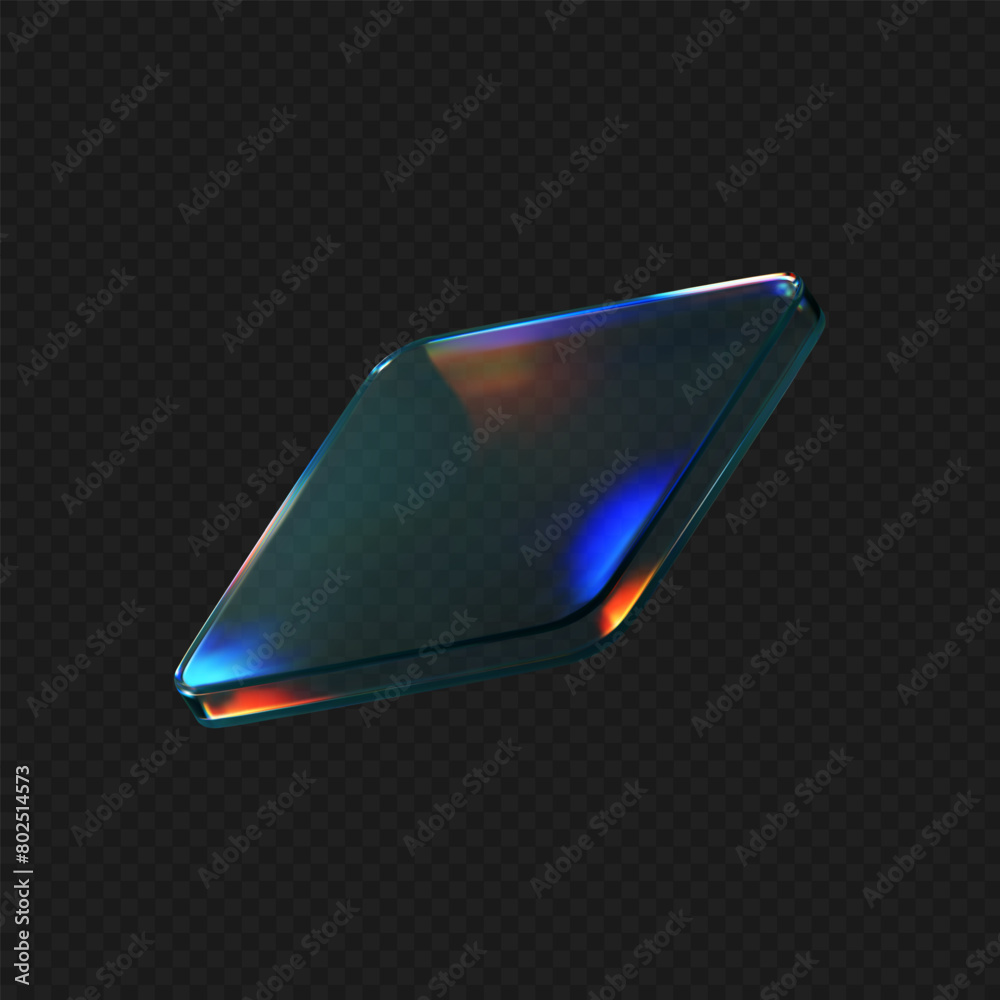 3d glass square shape with refraction and holographic effect isolated ...