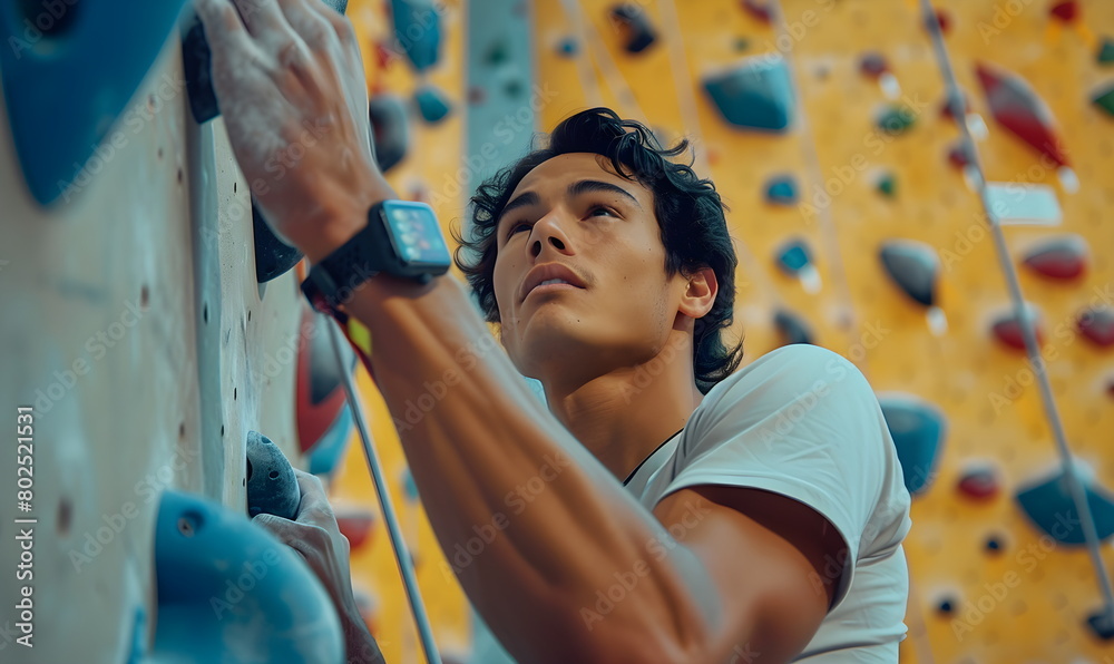 Bouldering. A Hispanic male climber with an athletic build, with dark ...
