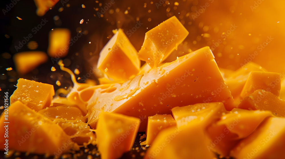 Various types of delicious cheese cut into pieces dynamically scatter ...